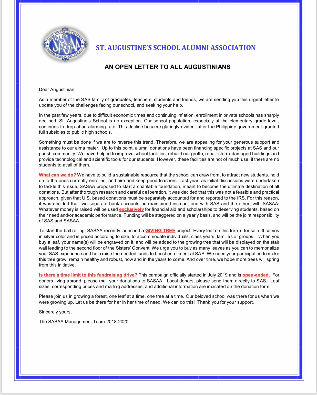 GivingTreeProject – Saint Augustine's School Alumni Association (SASAA)